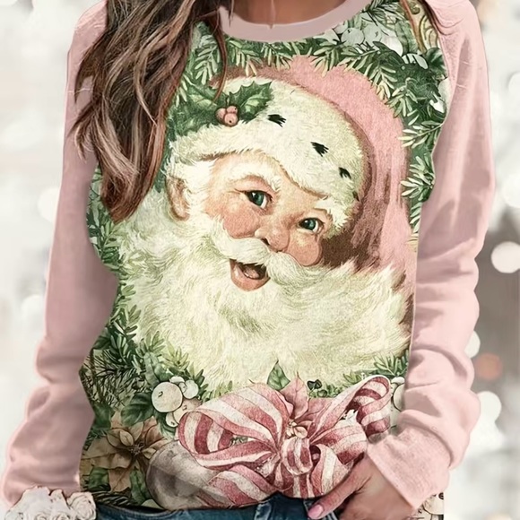 Tops | Nwt Plus Size Pink Santa Claus Christmas Round Neck Long Sleeve ...